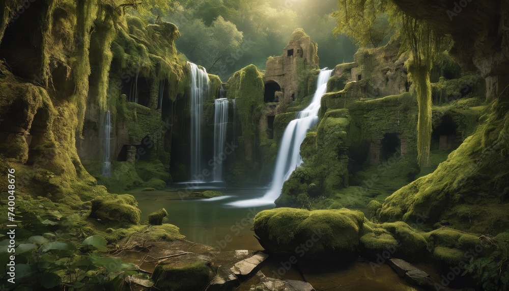 Enchanted Forest with a Majestic Waterfall, Luminescent Flowers, and ...