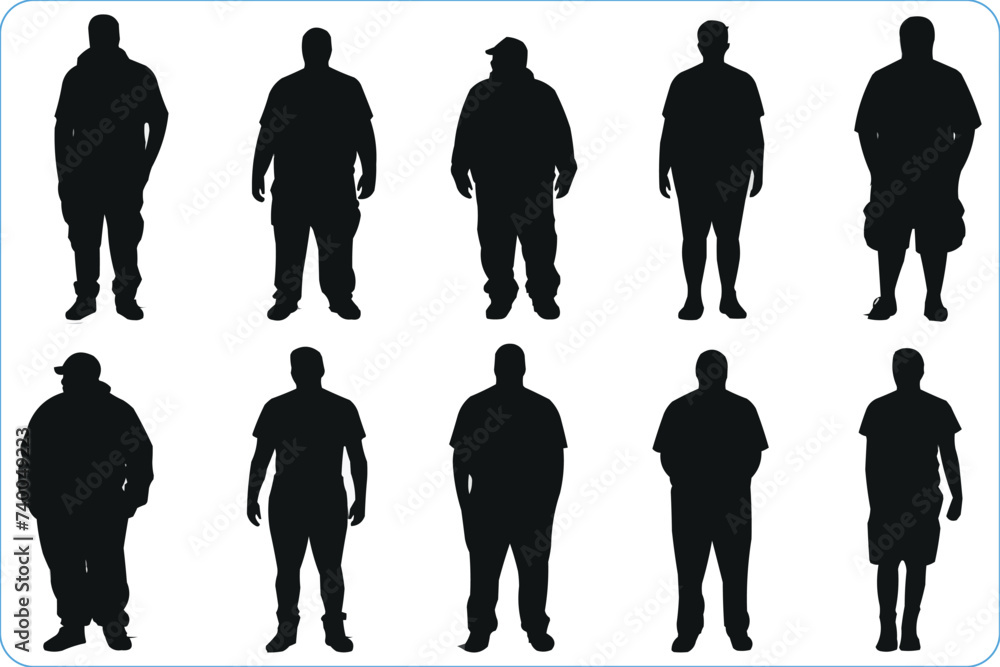 Black silhouettes of Overweight men, Set of fat men isolated on white ...