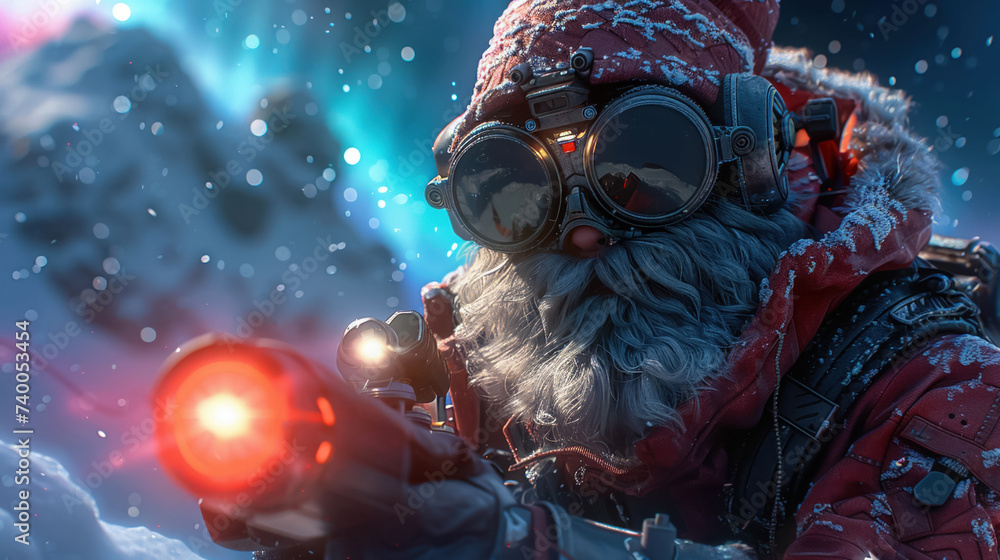 Futuristic gnome warrior in 3D wielding a laser pickaxe against a ...