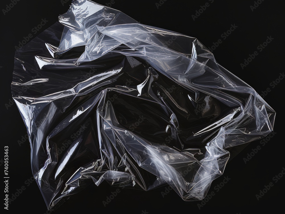 Transparent plastic isolated within a black background, untidy folded ...