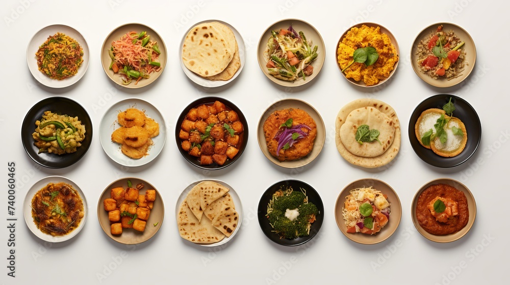 Desi, Indian traditional food set, top view. pizza, hummus, biryani ...