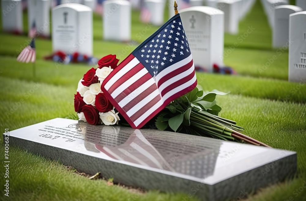The American flag placed on the grave of a fallen soldier, a poignant ...