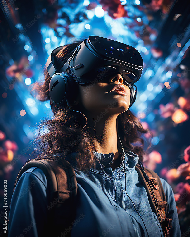 A young woman in a VR headset looks up with admiration and surprise on ...