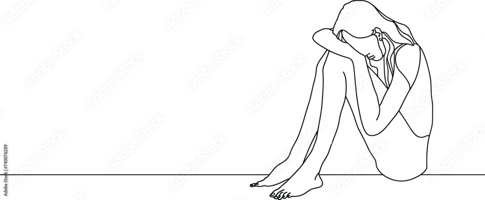 continuous single line drawing of Lonely young woman feeling depressed ...