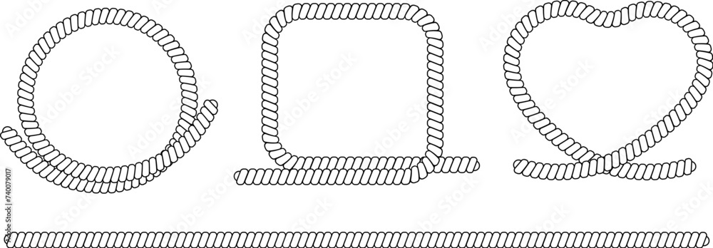Marine rope frames set. Straight line rope. Circle, square, heart shape ...