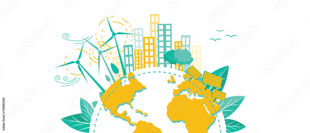 Green energy and clean environment background Globe planet earth, wind ...
