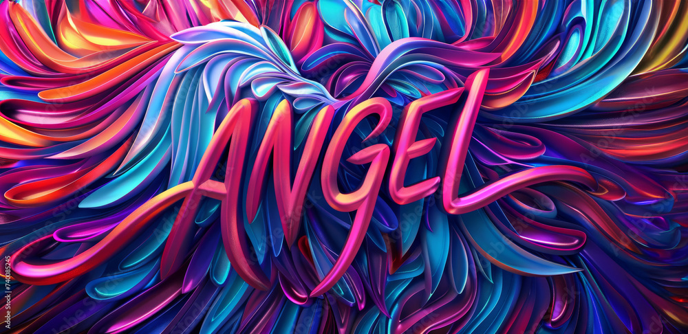 Text "Angel" Glowing, stylized angel wings on a absrtract background ...