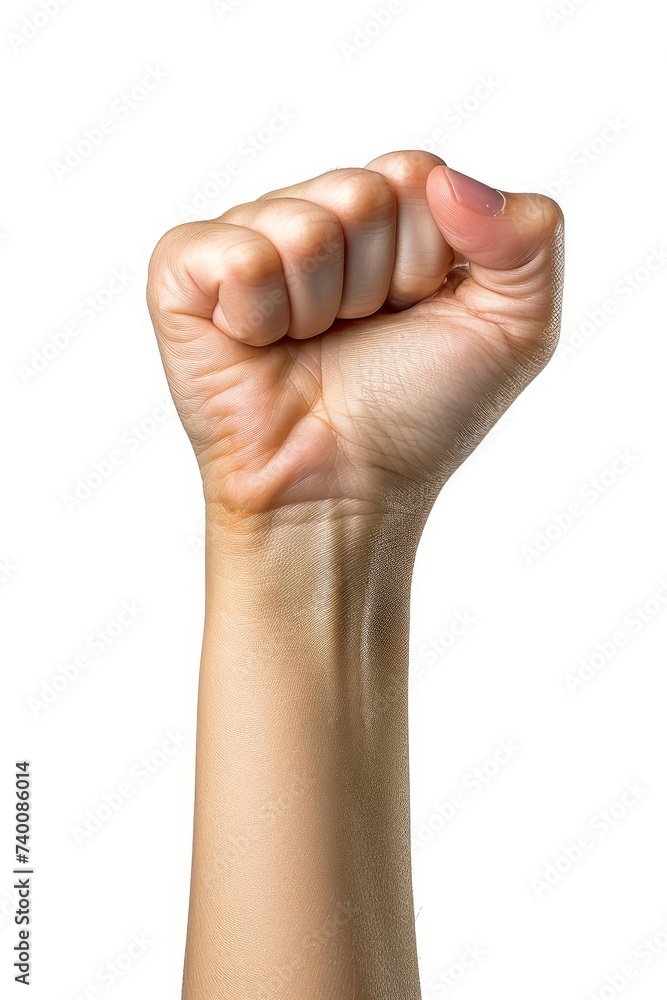 Woman hand shows wrong fist gesture isolated on white background, with ...