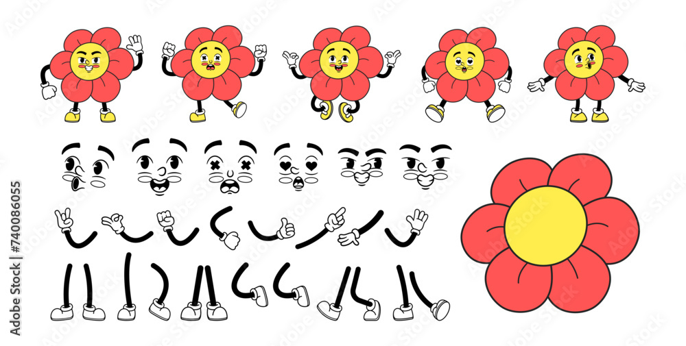 Cartoon Retro Groovy Daisy Flower Character Construction Kit. Vector ...