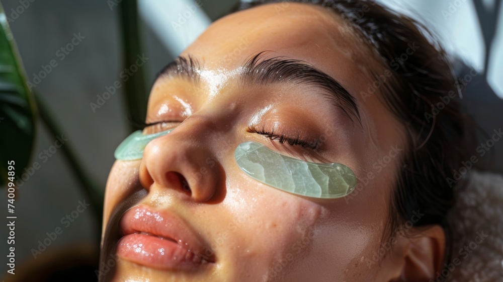 Facial rejuvenation session with cucumber eye pads, cucumber slices on ...