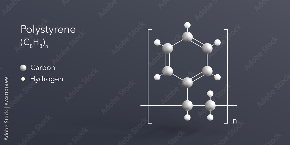 polystyrene molecule 3d rendering, flat molecular structure with ...