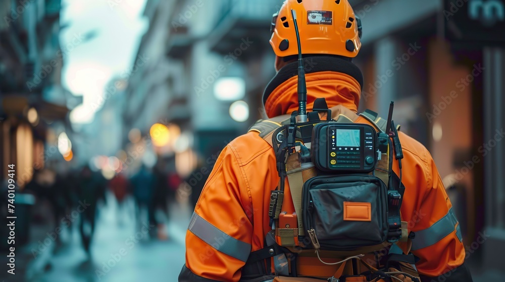 ภาพประกอบสต็อก Back view of a survey engineer equipped with a modern ...
