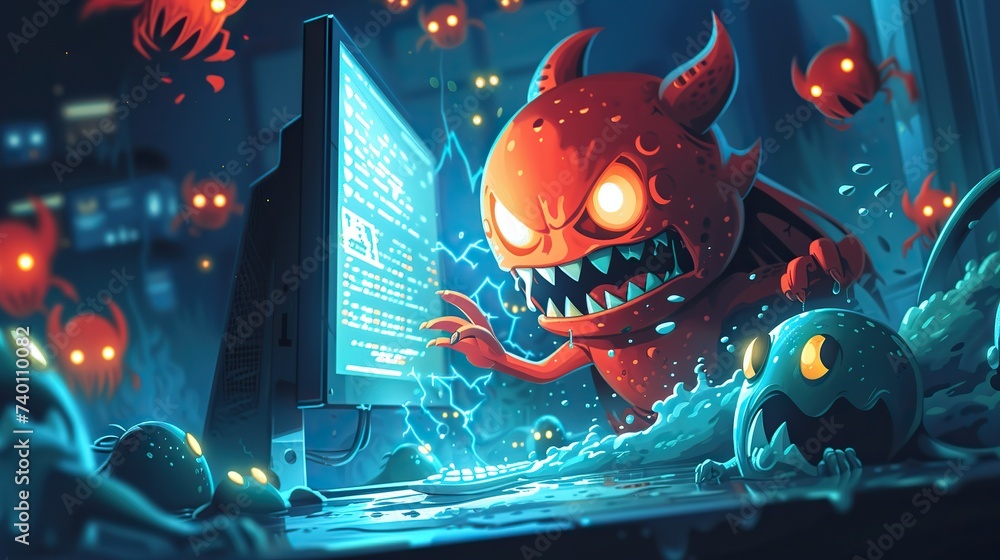 Animated illustration of a cartoon monster aggressively interacting ...