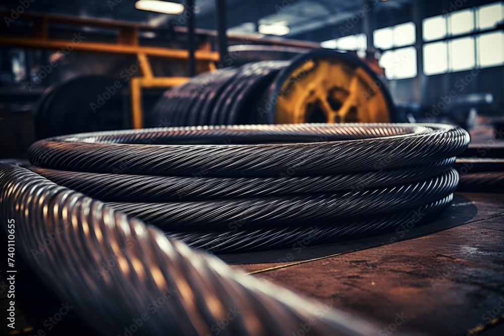 Detailed Perspective of a Coiled Steel Cable in an Industrial Work Area ...