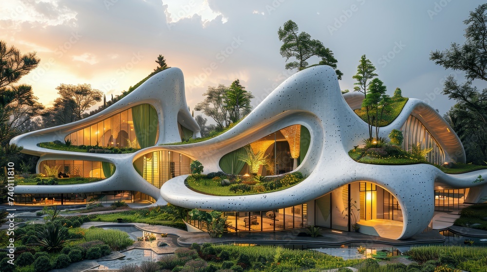 A modern eco-friendly building with organic architectural design ...