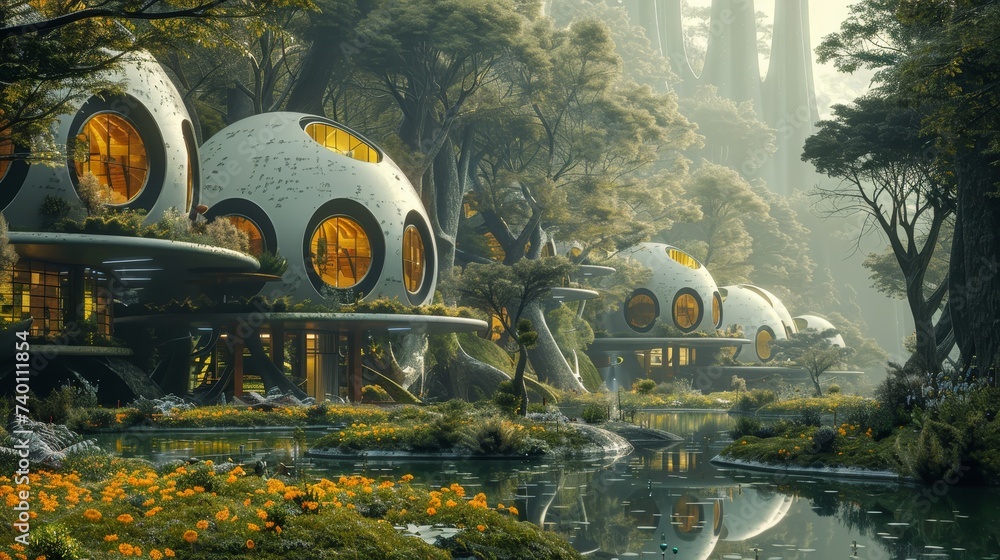 Concept art of futuristic pod-shaped homes nestled in a serene forest ...