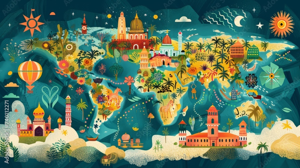 Colorful illustrated map featuring a whimsical blend of cultural ...
