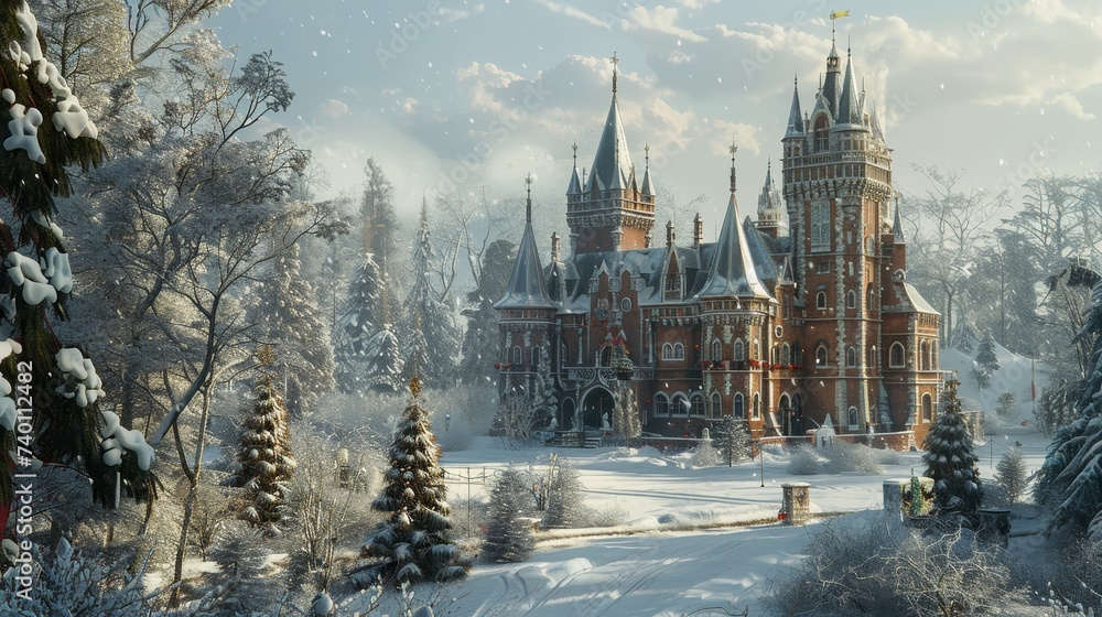 A Victorian-era castle stands majestic among a snow-laden forest, its ...