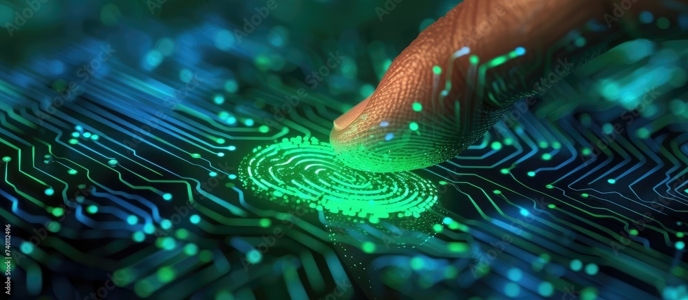 A persons index finger touching a circuit board with green lights ...