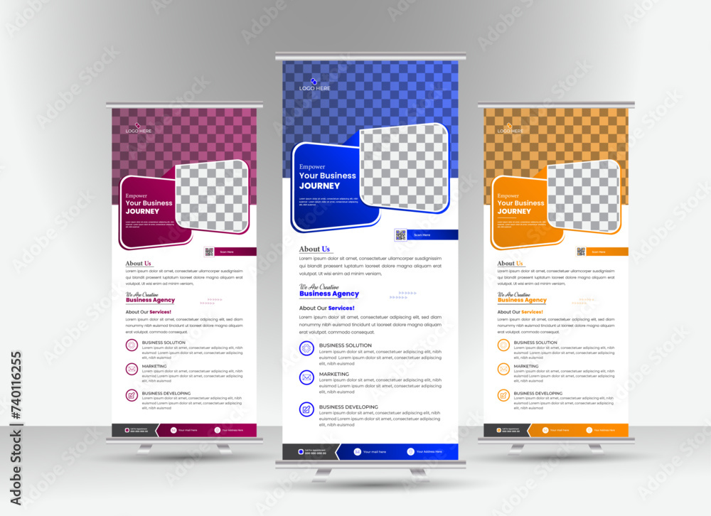 This roll-up banner design template features an abstract backdrop ...