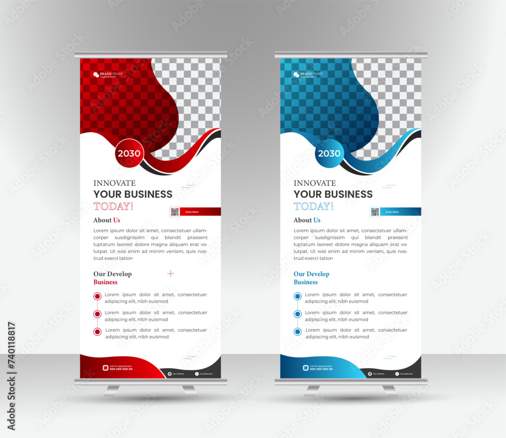 This roll-up banner design template features an abstract backdrop ...
