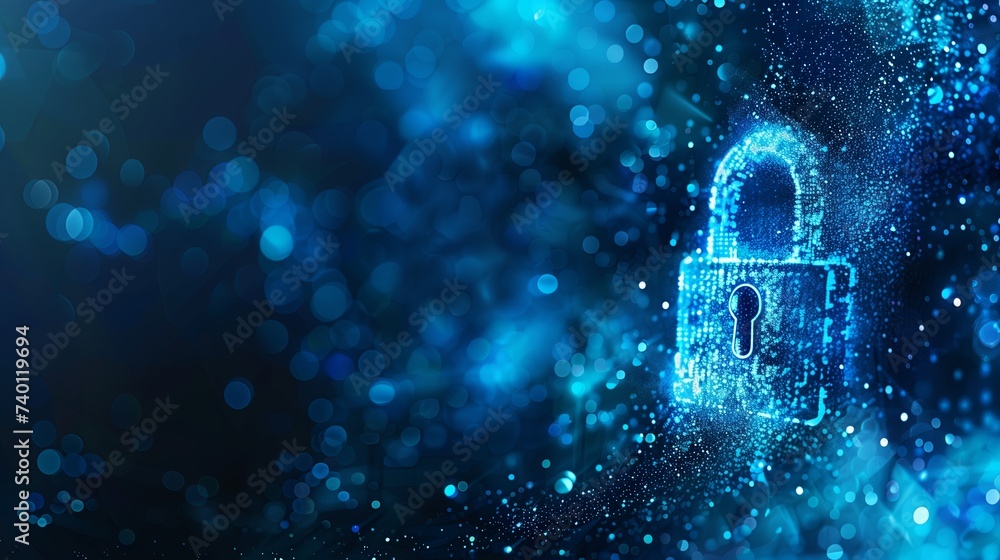 Cyber security concept. Blue lock symbol, point connecting network on ...
