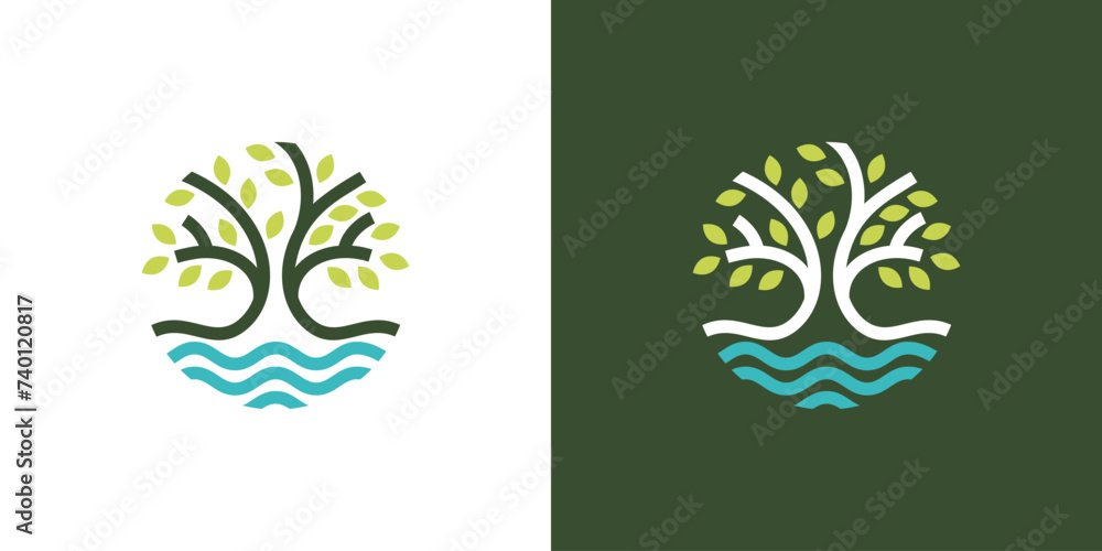 template Vector icon of tree with water. Tree vector logo design with ...