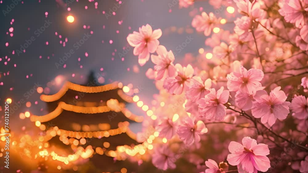 spring background with sakura. Sparkling petals and lights by night in ...