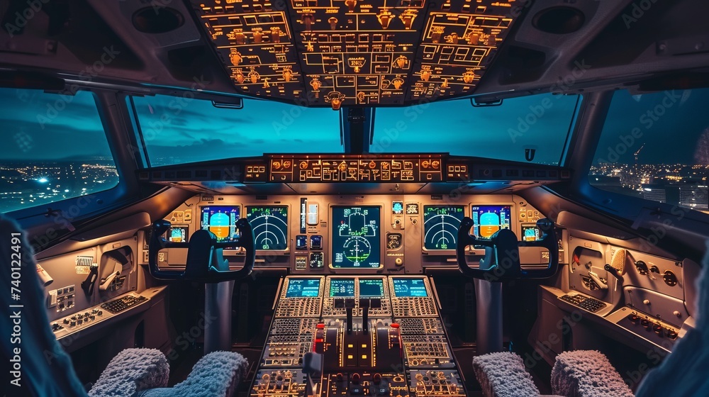 Daylight flight deck in civil airplane with pilot seats, control panel ...