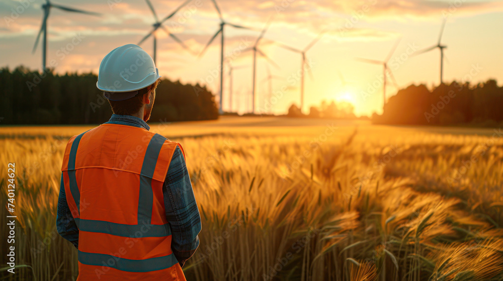 An engineer in a high-visibility vest stands amidst a wheat field at ...