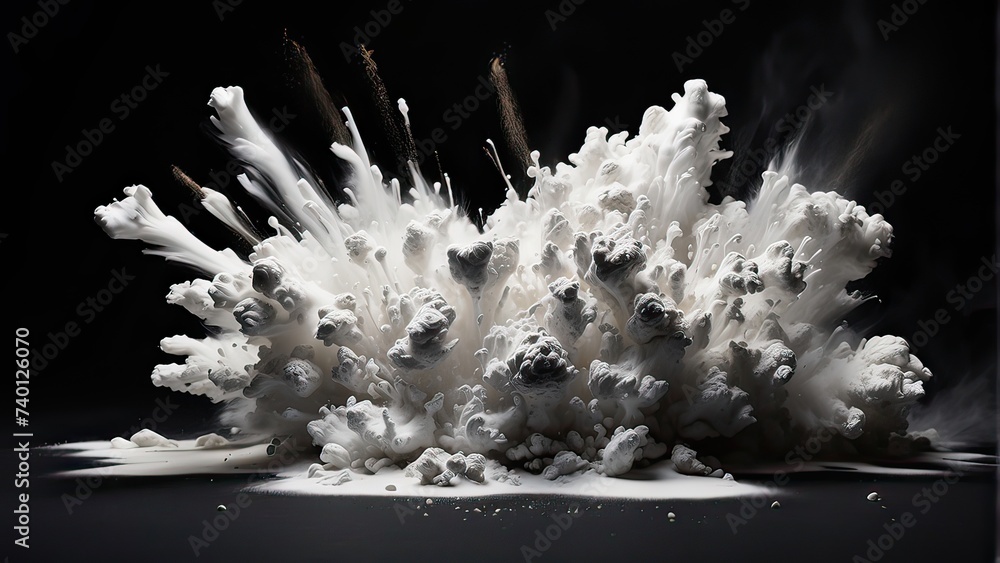 dynamic white powder explosion isolated against a striking black ...