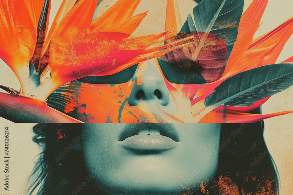 Collage with womans face with a delicate flower tucked behind her ear ...