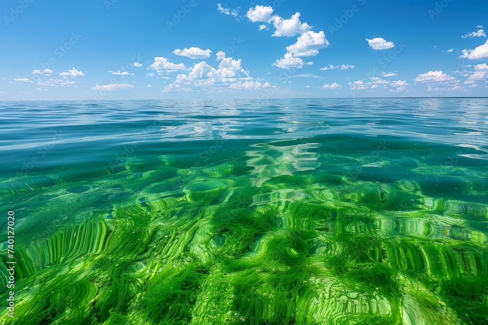 Ocean water completely covered in a thick layer of green algae. The ...