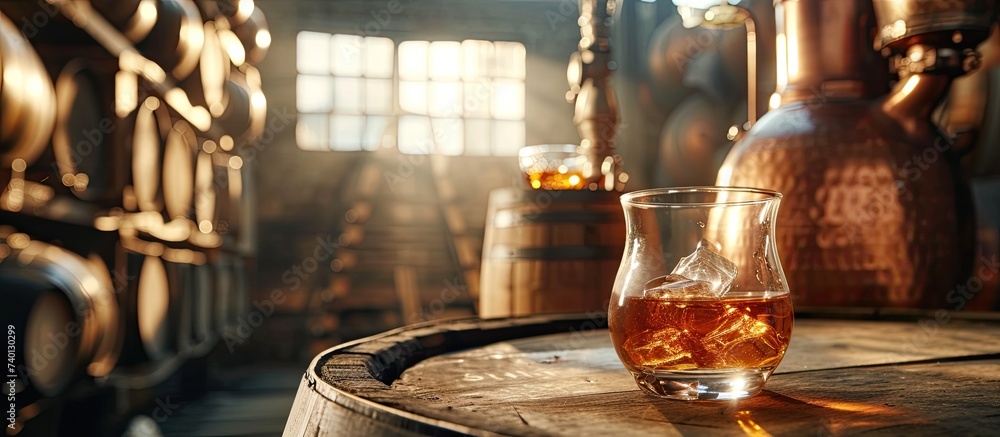 A traditional alcohol distillery setup featuring an old oak barrel ...