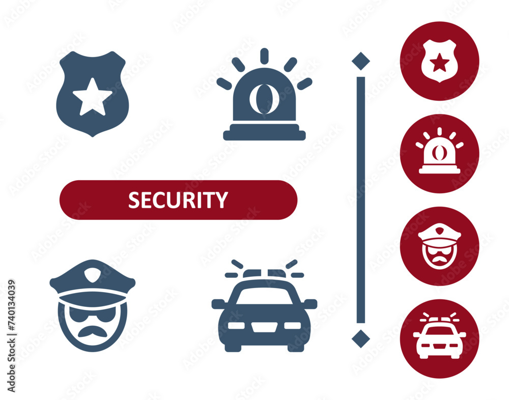 Security icons. Badge, police beacon, police officer, security guard ...