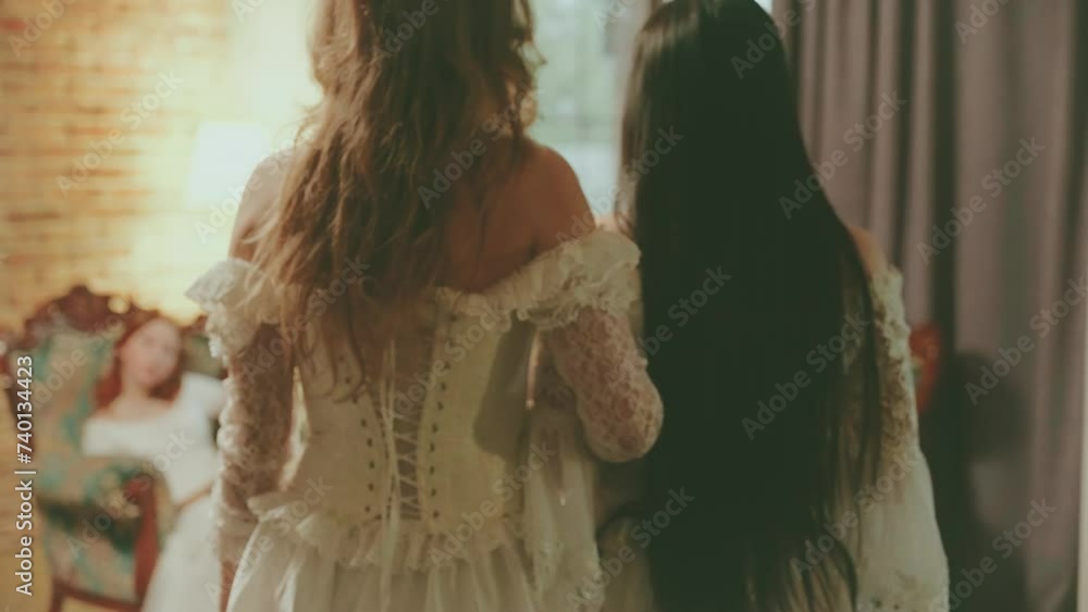 woman queen and friends maids of honor communicate talk. noble lady ...