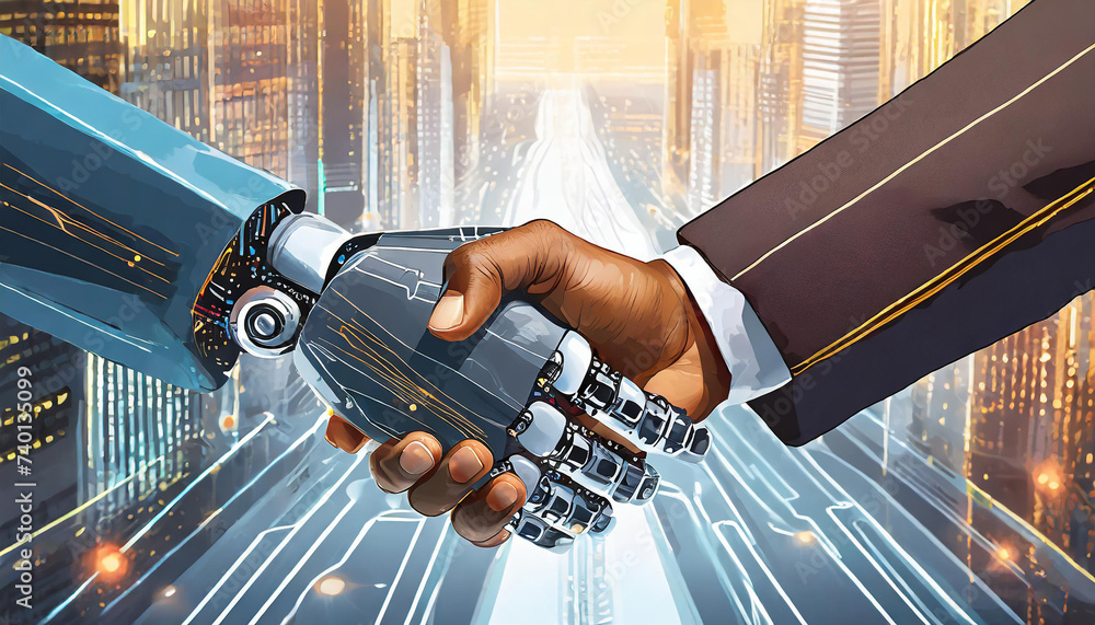 Handshake between human and AI robot. Photographic illustration of a ...