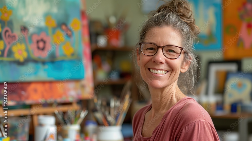 Beautiful middle aged woman artist attending a painting workshop and ...