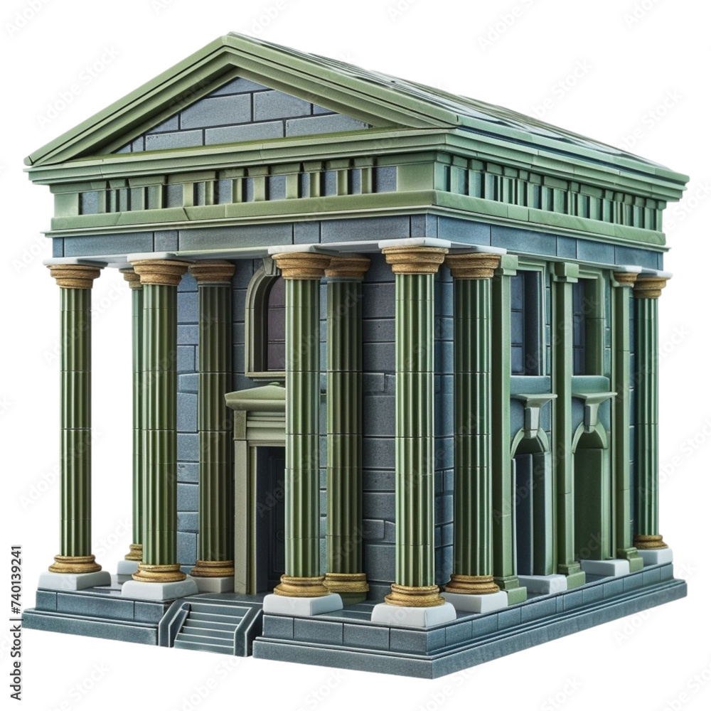 Green classical building, 3D rendered with columns on transparent ...