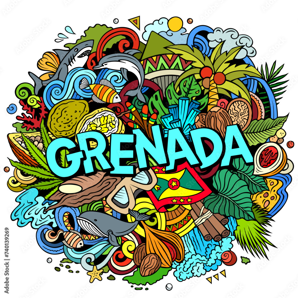 Vector funny doodle illustration with Grenada theme. Vibrant and eye ...