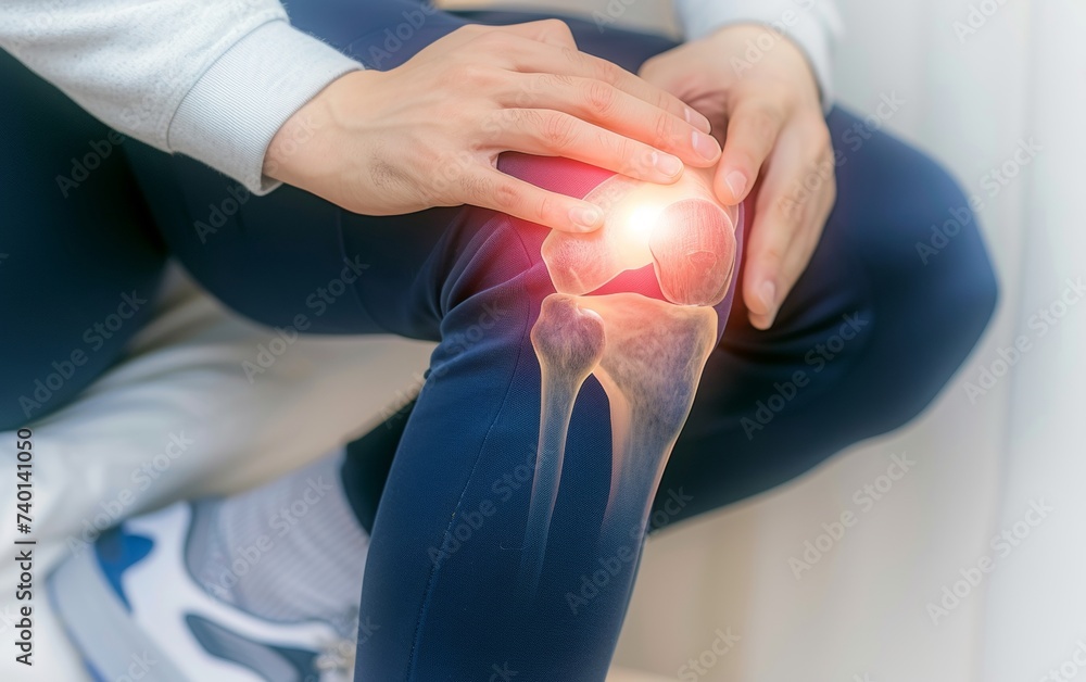 This image portrays a man holding his knee overlaid with a glowing red ...