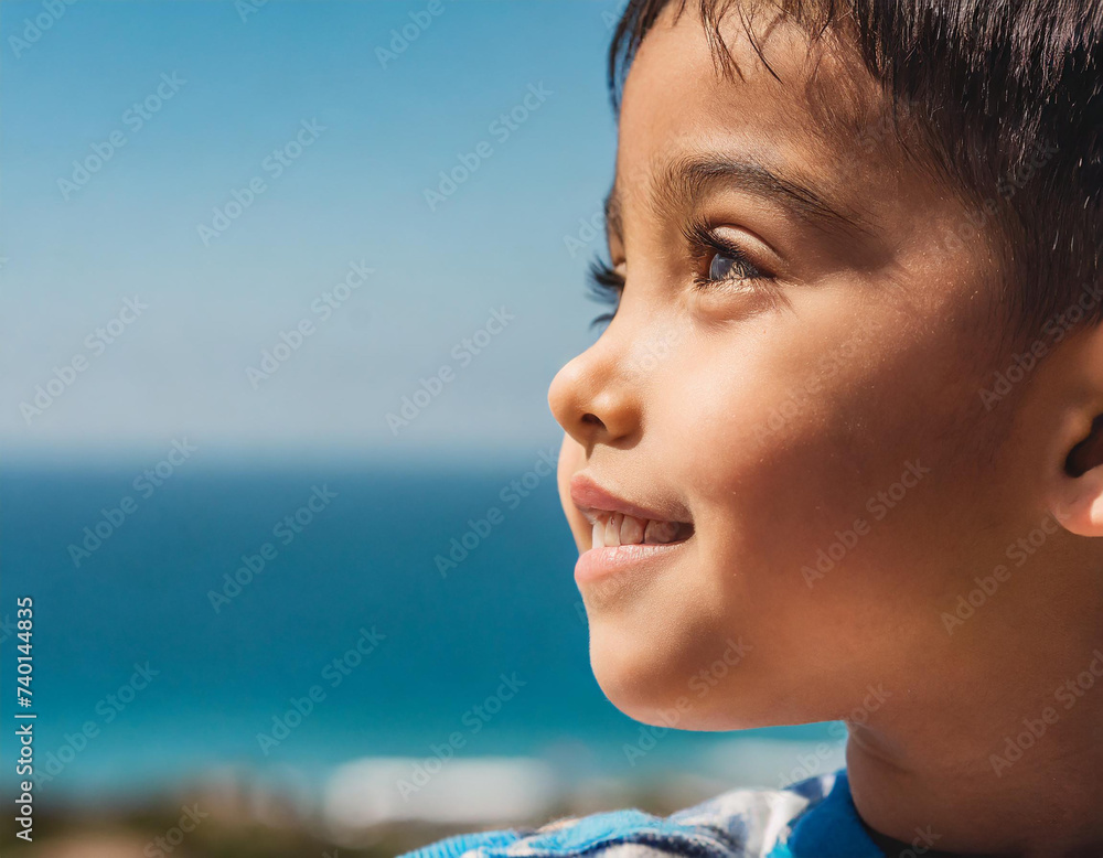 A closeup of a young child gazing in wonder at a model spaceship ...