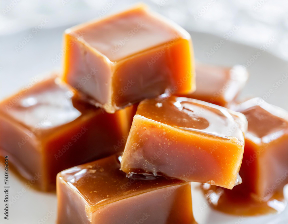 Homemade salted caramel pieces isolated on white background. Golden ...