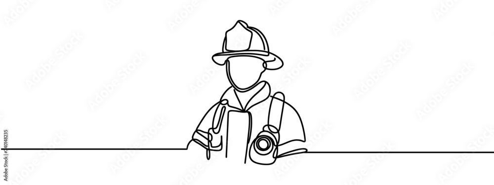 Single one continuous line drawing of young male firefighter wear ...