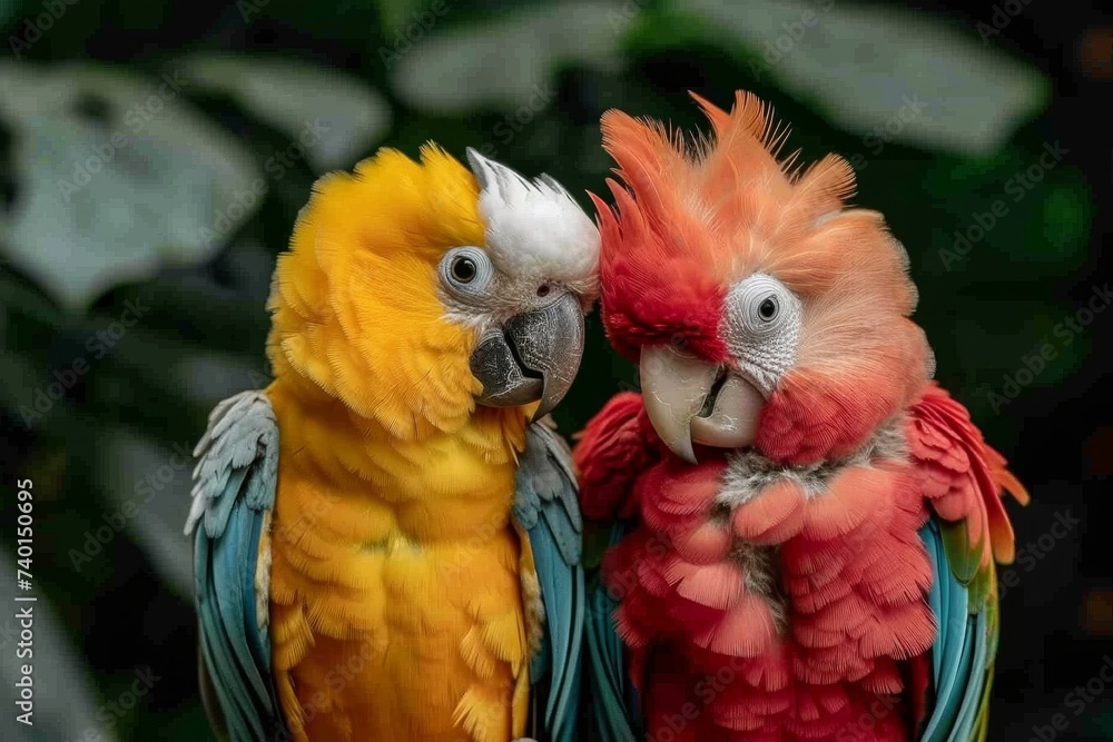 Two vividly colored parrots are standing gracefully next to each other ...