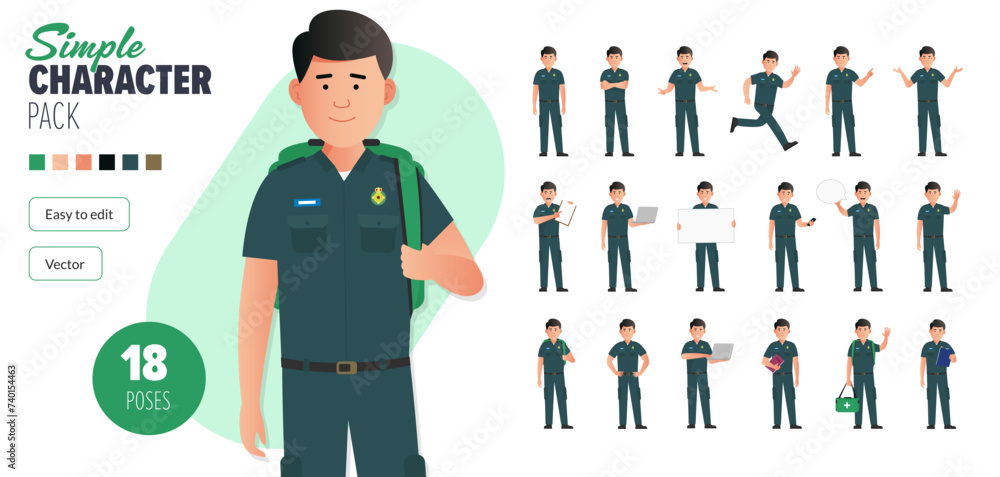 Simple flat 2d male paramedic first responder vector character in a set ...