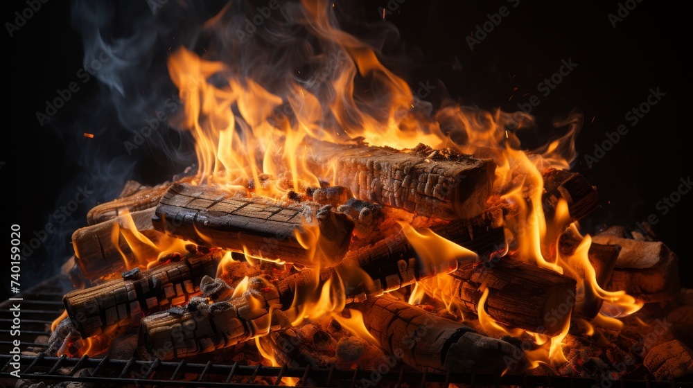 fire burning intensely in a grill. Flames leap and dance as they ...