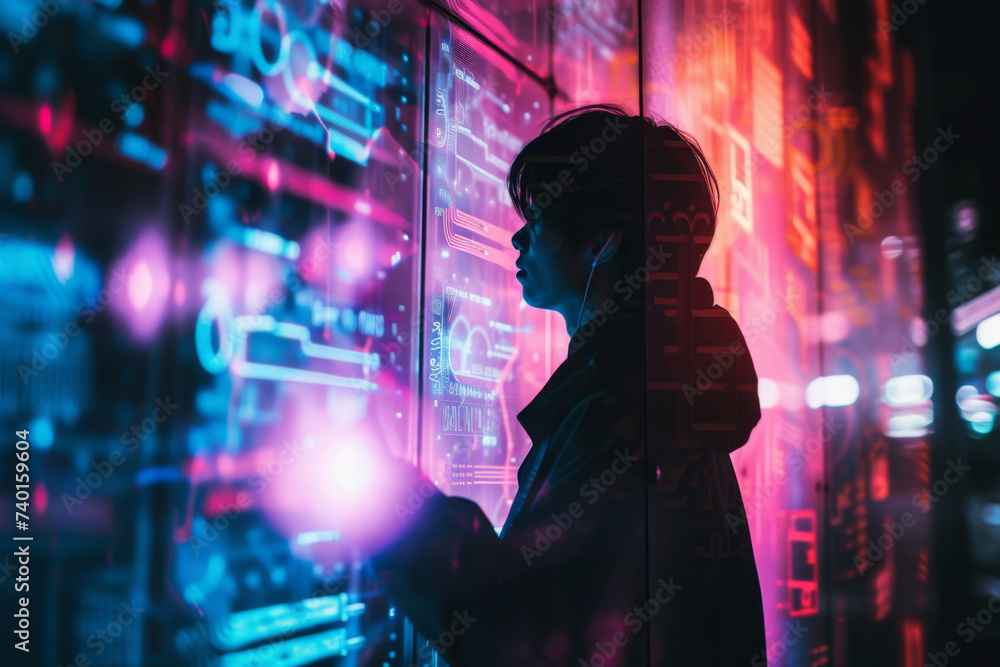 A silhouette of an unidentified hacker breaking into a secure network, surrounded by digital ...