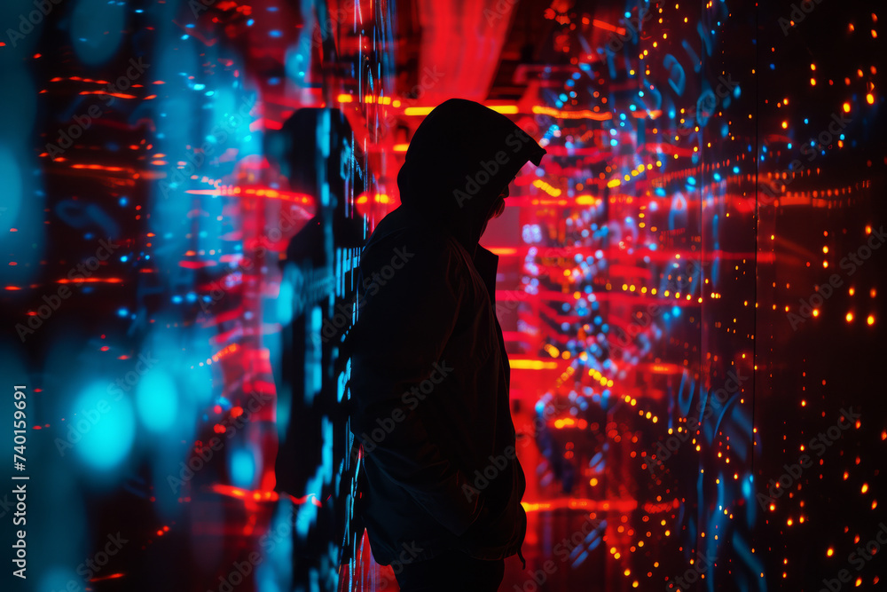 A silhouette of an unidentified hacker breaking into a secure network, surrounded by digital ...