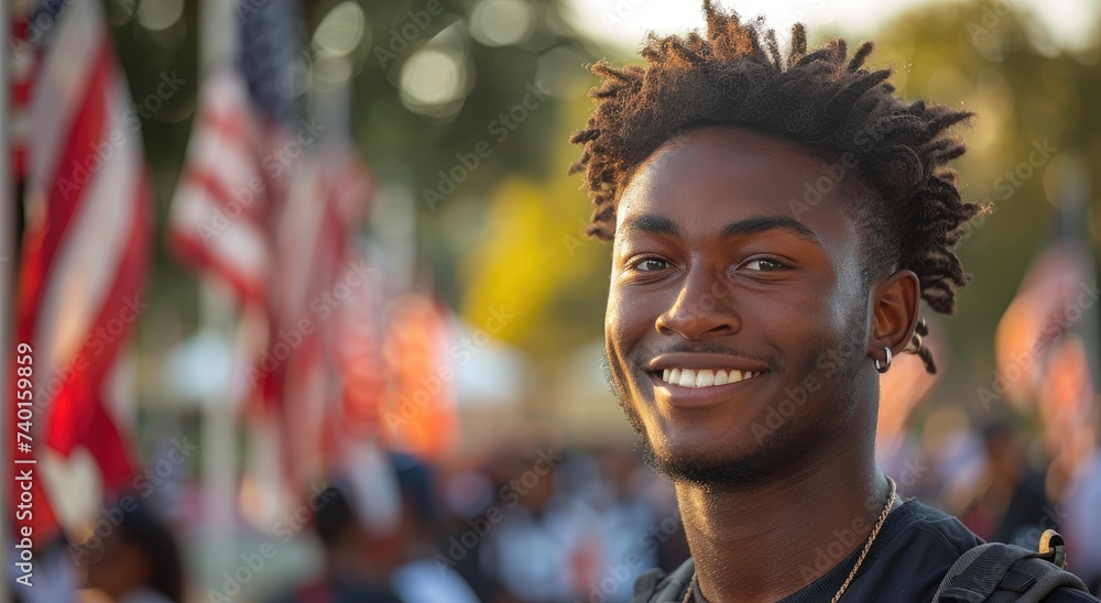 A patriotic man radiates joy as he proudly holds his country's flag in ...